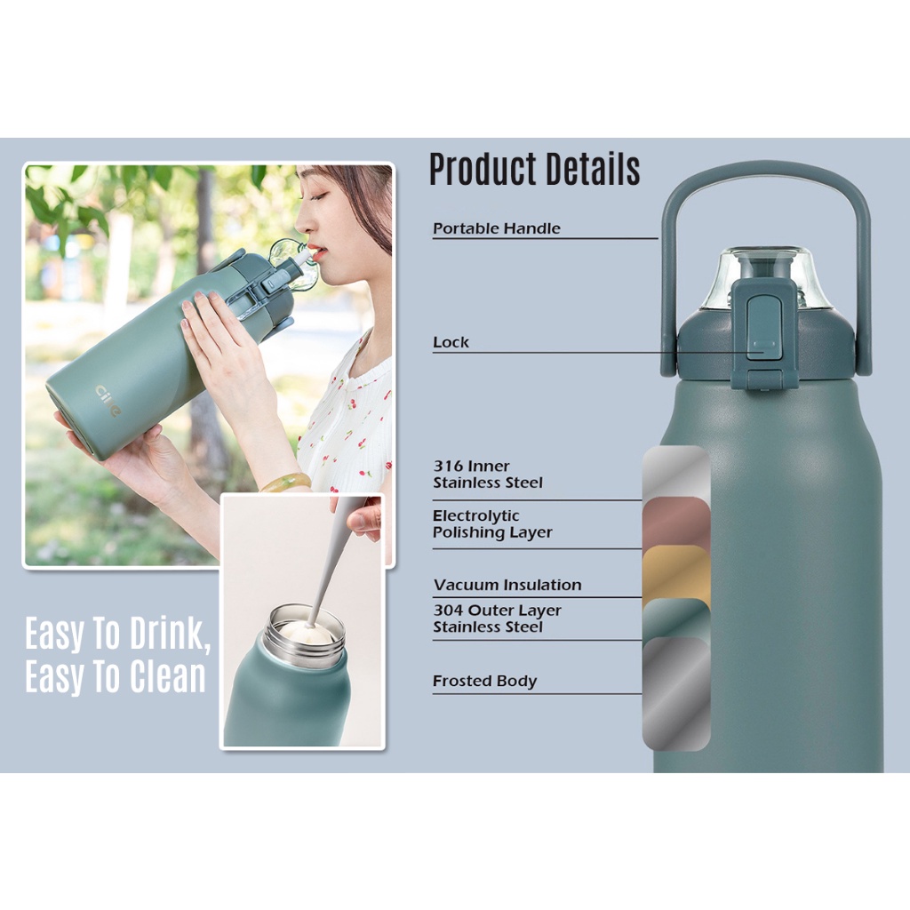 THERMOS BOTTLE Cille 1.3L/1.7L 316SS Stainless Steel Vacuum Flask Thermoses Water Bottle [Double ...