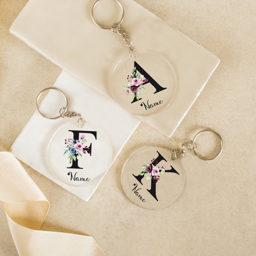 Personalized Flower Print Acrylic Key Chains Custom Names Circle Discs ...