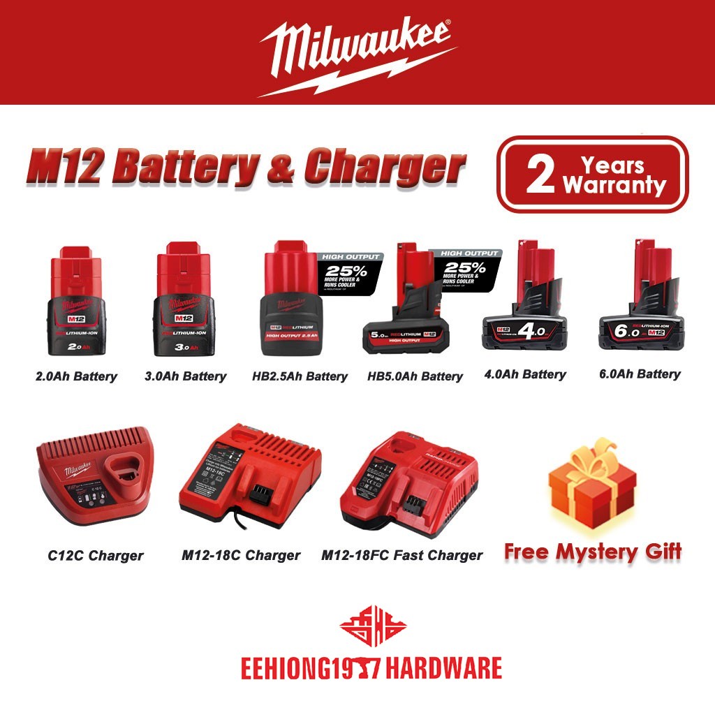 MILWAUKEE M12 B2 B3 B4 B6 Battery M12-18FC Fast M12-18C C12C Charger M12B2 M12B3 M12B4 M12B6 12V ...