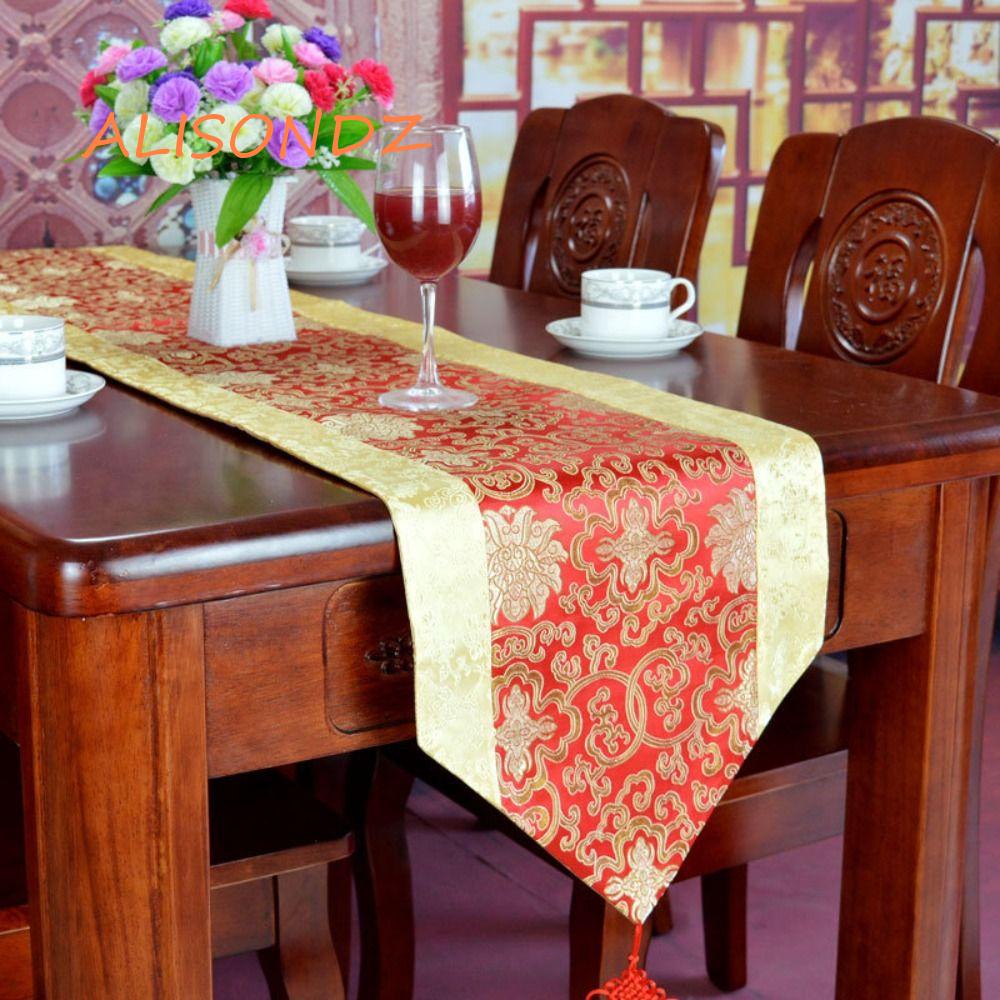 ALISONDZ Table Runner Red High-end Embroidery Satin Tea Ceremony ...