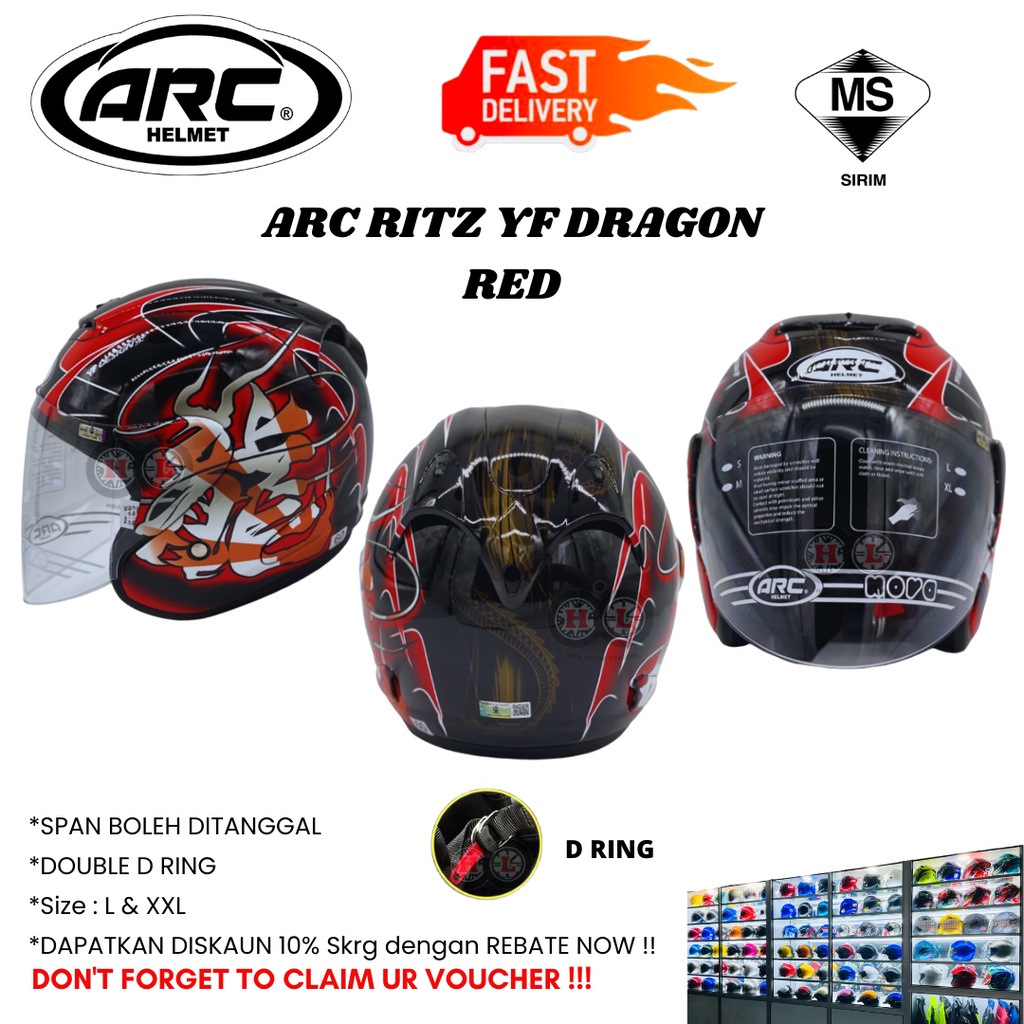 ARC RITZ YF DRAGON BLUE / RED / NAGAMAS / NAGA VISTA OPEN FACE HELMET ...