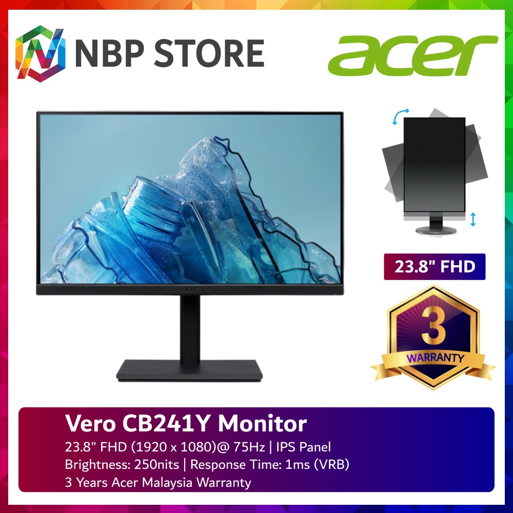 Acer Vero CB241Y 23.8" FHD 75Hz Widescreen Monitor ( USB-C, HDMI, 3 Yrs ...