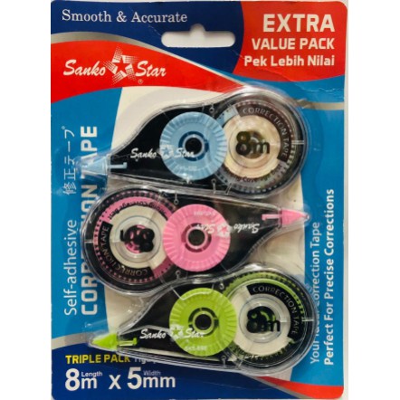 SANKO STAR CORRECTION TAPE SKS-898 3IN1 8M x 5mm | Shopee Malaysia