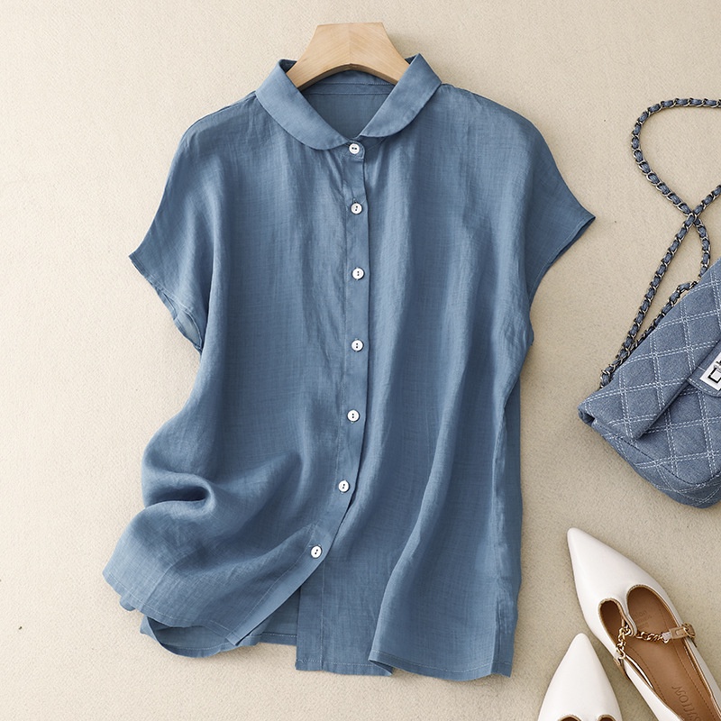 [Ready Stock]Muji Style Women Cotton Linen Short Sleeve Blouse Round ...