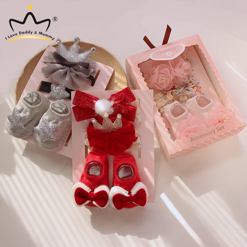 3Pcs/Set Lace Flower Baby Girl Headband Socks Set Crown Bows Newborn ...