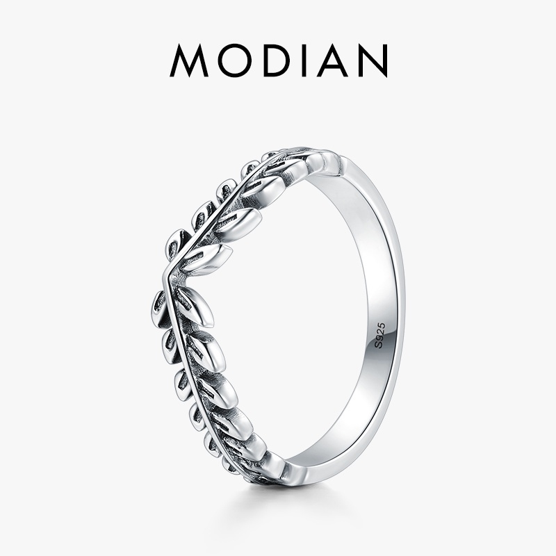 Modian 100% Genuine 925 Sterling Silver Classic Stackable Vintage Lucky Tree Leaf Finger Ring ...