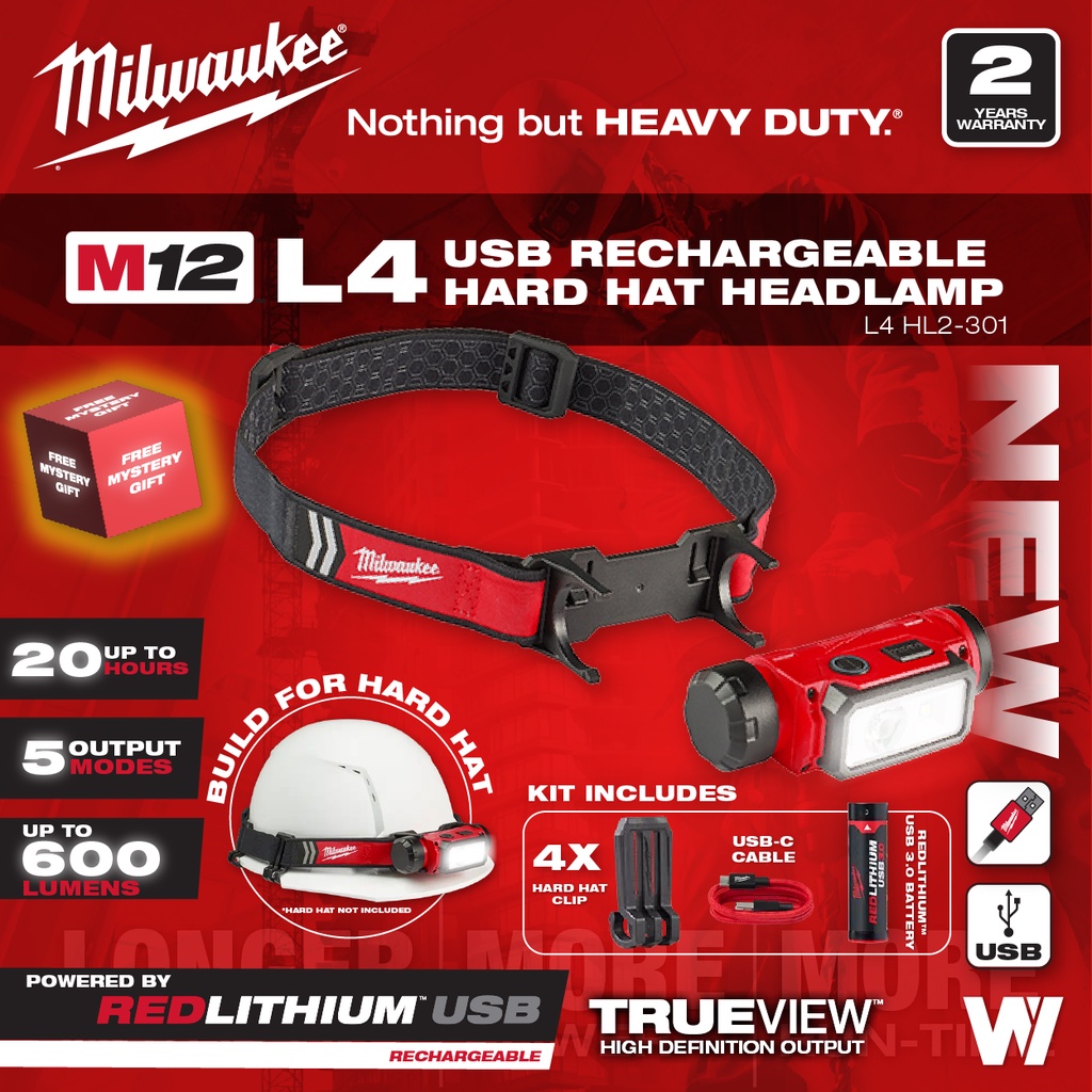 MILWAUKEE™ L4 REDLITHIUM™ USB Rechargeable Hard Hat Headlamp 600L [L4 ...
