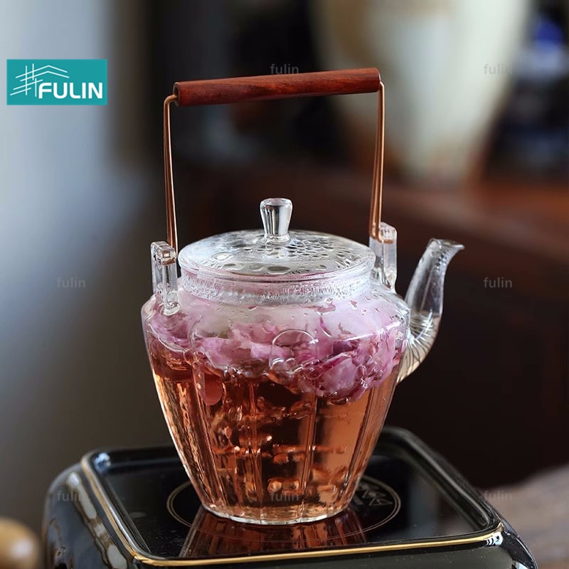 Rhombus Clear Glass Teapot Copper Handle Beam Pot Heat Resistant Glass ...