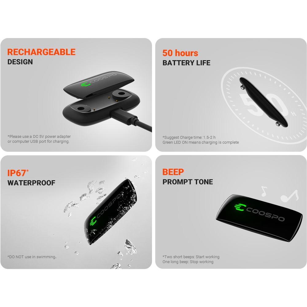 COOSPO H9Z Rechargeable Heart Rate Monitor Chest Strap Bluetooth5.0 ANT+ HR Sensor HRM ...