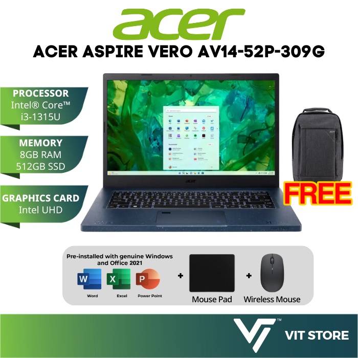 Acer Aspire Vero AV14-52P-309G Intel Core i3-1315U, 8GB, 512GB, Intel ...