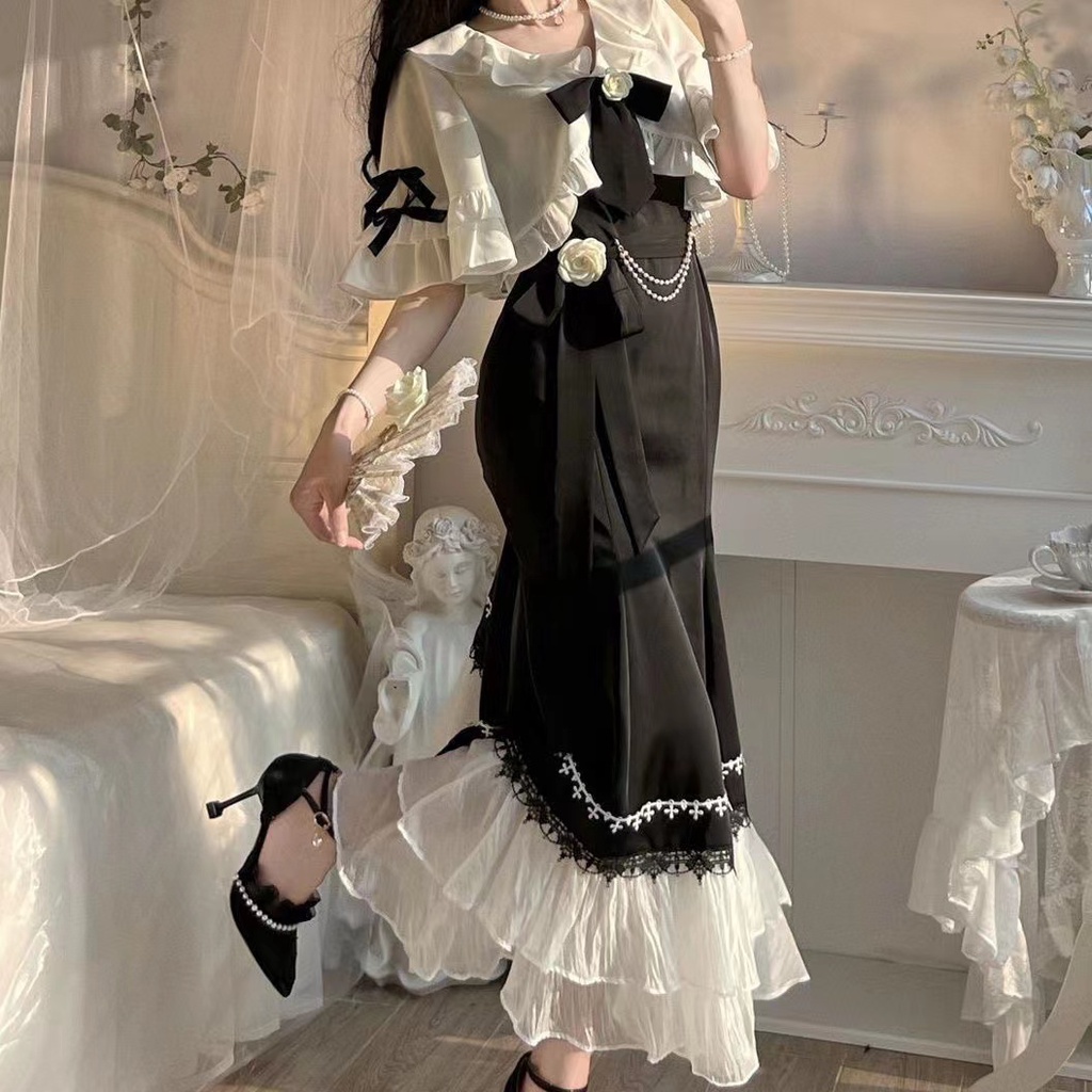Lolita Dress French Ruffle Panel Shawl Fishtail Dress Two Piece Set for ...