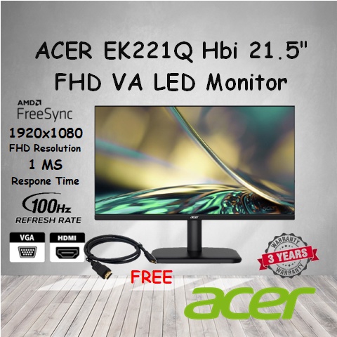 ACER EK221Q Hbi 21.5" FLAT FULL HD 1920x1080 100Hz 1ms VA LED MONITOR ...