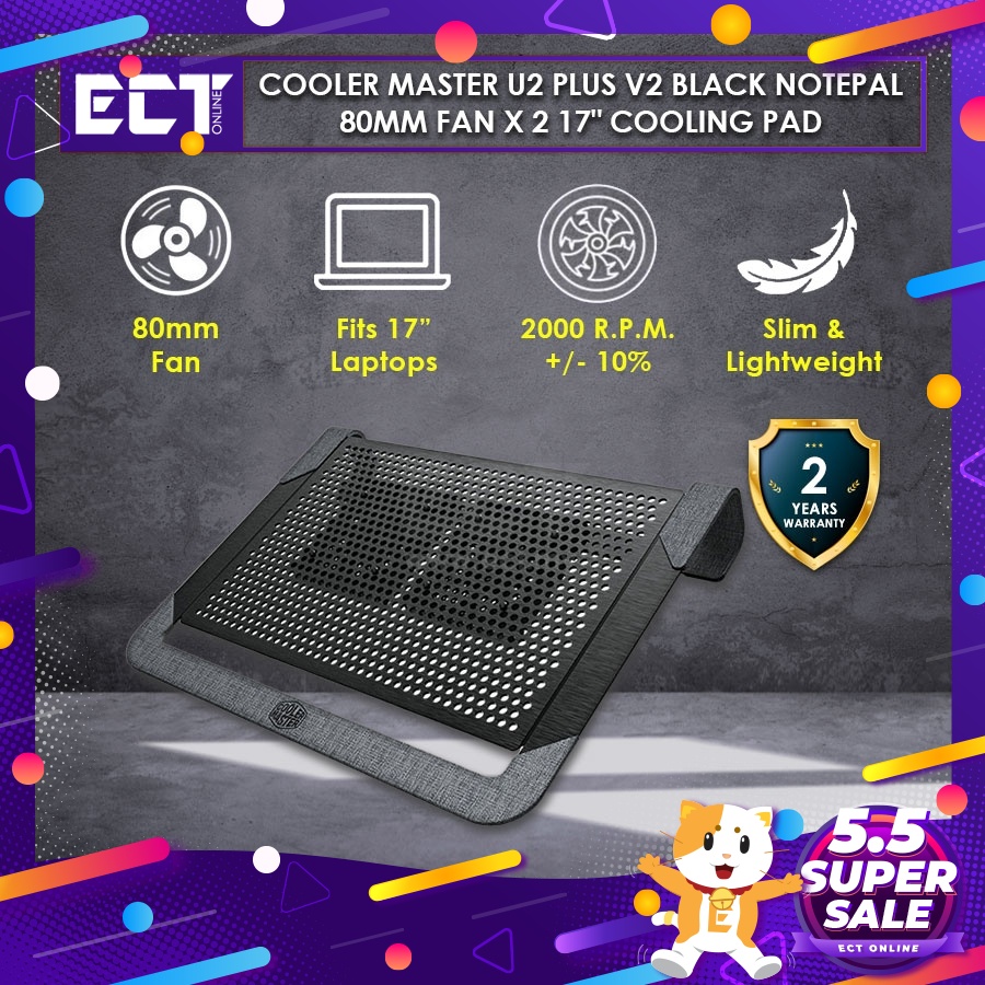 Cooler Master U2 Plus V2 Black NotePal 80mm Fan x 2 17" Laptop Cooling ...