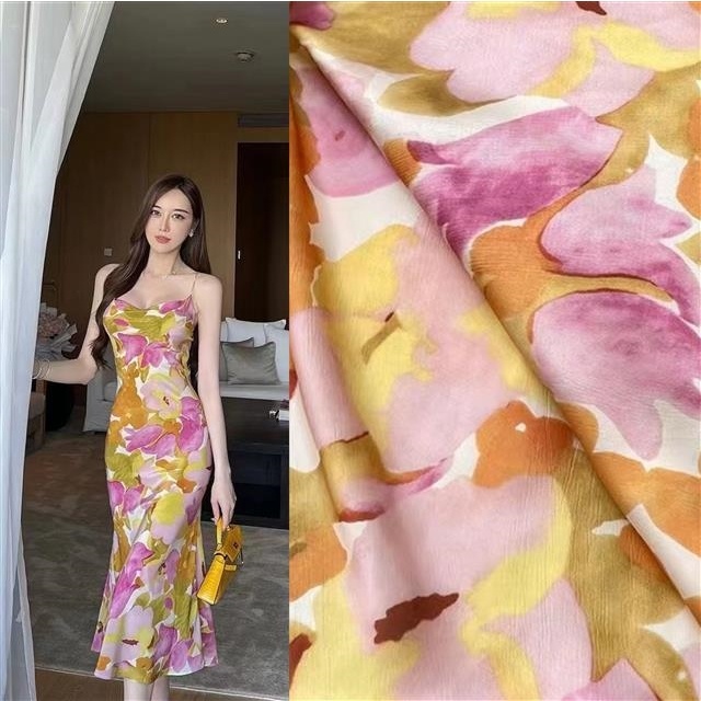 Fabric Island Pink Yellow Flower Print Pastoral Glossy Simulation Silk ...