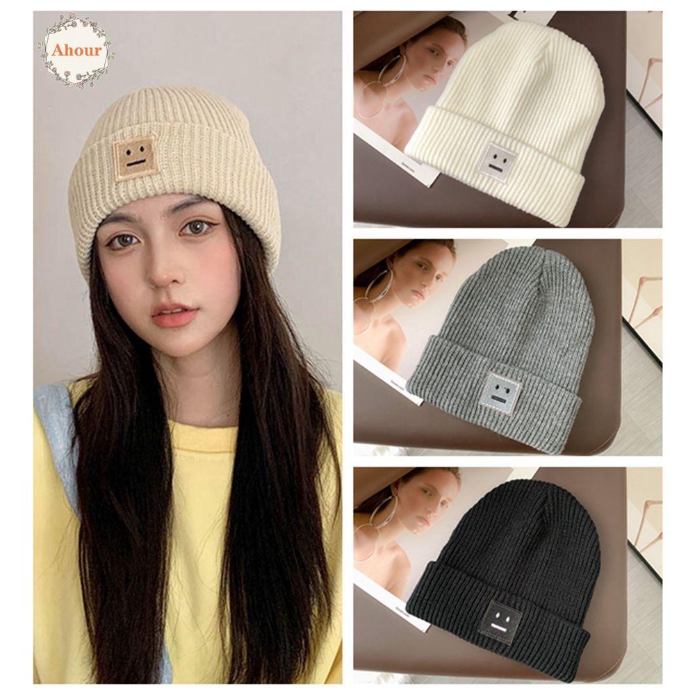 AHOUR Trendy Smiley Knitted Hats Warm Women Beanies Korean Style Caps ...