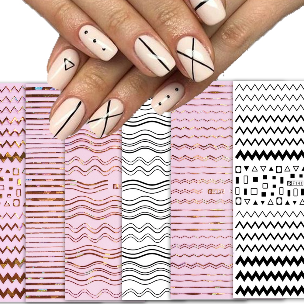 Geometric Line Nail Art Stickers Wholesale Laser Gold Black and White ...