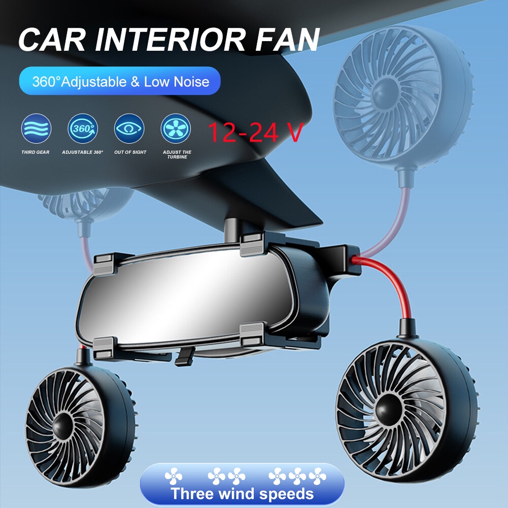 Dual Head Clip Car Fan ForInner Rear View Mirror 360° 12V/24V USB ...