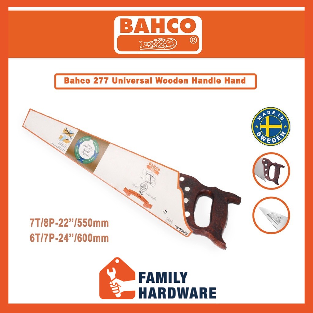 Bahco 277 Universal Wooden Handle Hand Saw made in Sweden 22” 24” gegaji kayu tangan BAHCO 277 ...