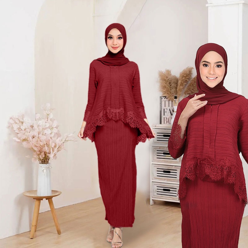 PLEATED BAJU RAYA KEBAYA MUSLIMAH LACE BAJU KURUNG LONG SLEEVE Front Zip NURSING FRIENDLY Plain ...