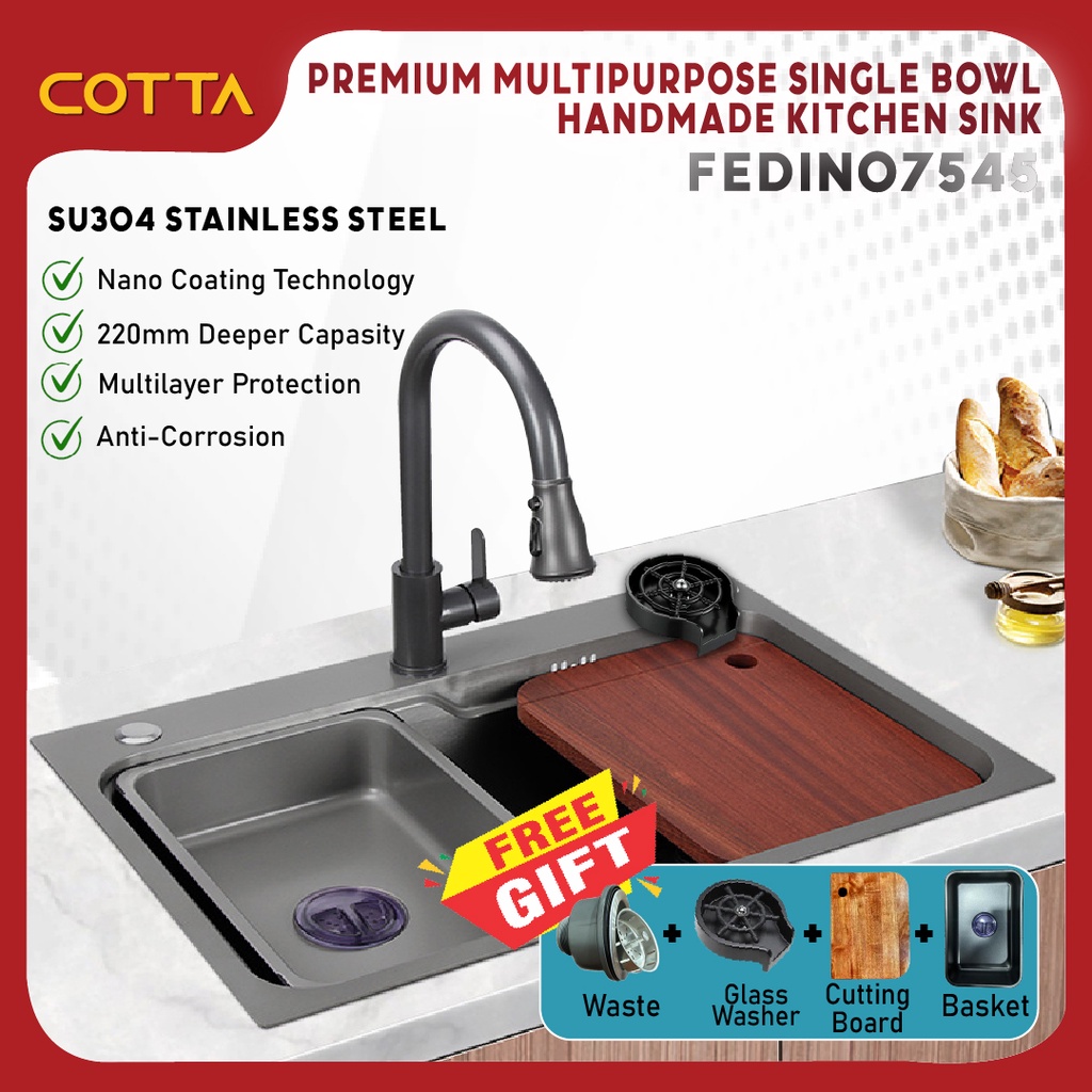 COTTA Fedino 7545 Handmade Kitchen Sink Black Sink Single Bowl Sink ...