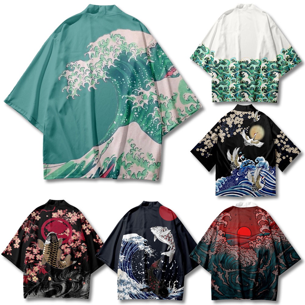 Streetwear Men Women Cardigan Haori Yukata Harajuku Wave Printing Tops ...