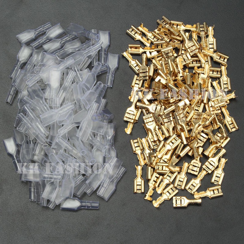 100pairs (200pcs) 6.3mm Crimp Terminals Kit 0.5mm2-1.5mm2 Female Spade ...