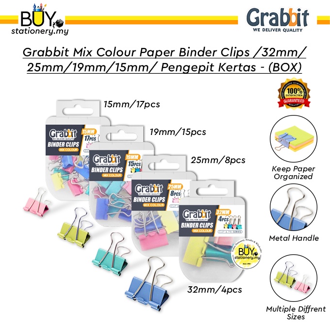 Grabbit Mix Colour Binder Clip 32mm 25mm 19mm 15mm -(BOX) Paper Clip ...