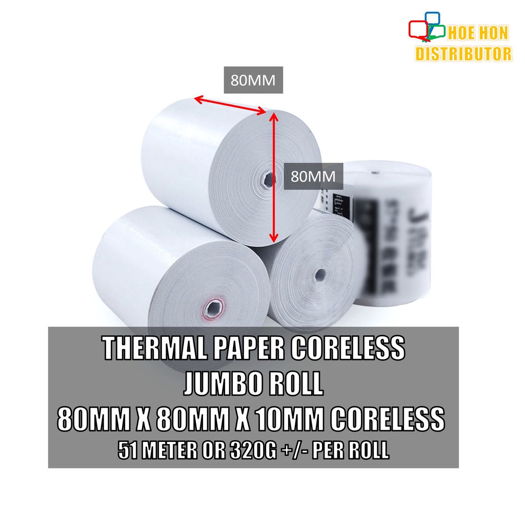 [Jumbo] 80mm x 80mm 51m 70gsm 320g Thermal Paper 5 Roll Coreless 80x80 Cash Machine Printer ...