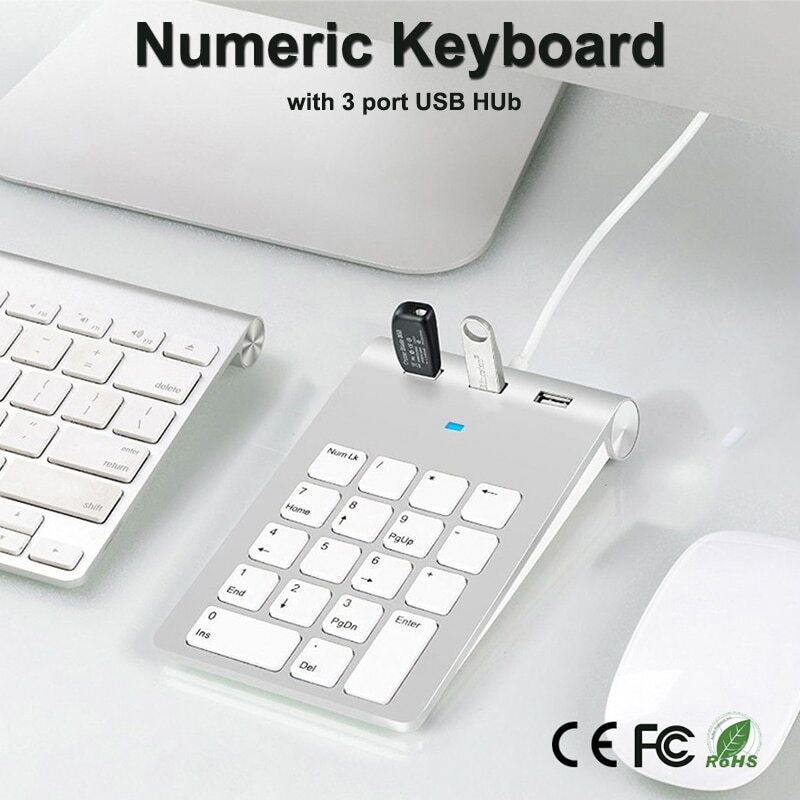 USB Wired Numeric Keypad 18 Keys With 3 USB2.0 Port Hub Mini Keyboard ...