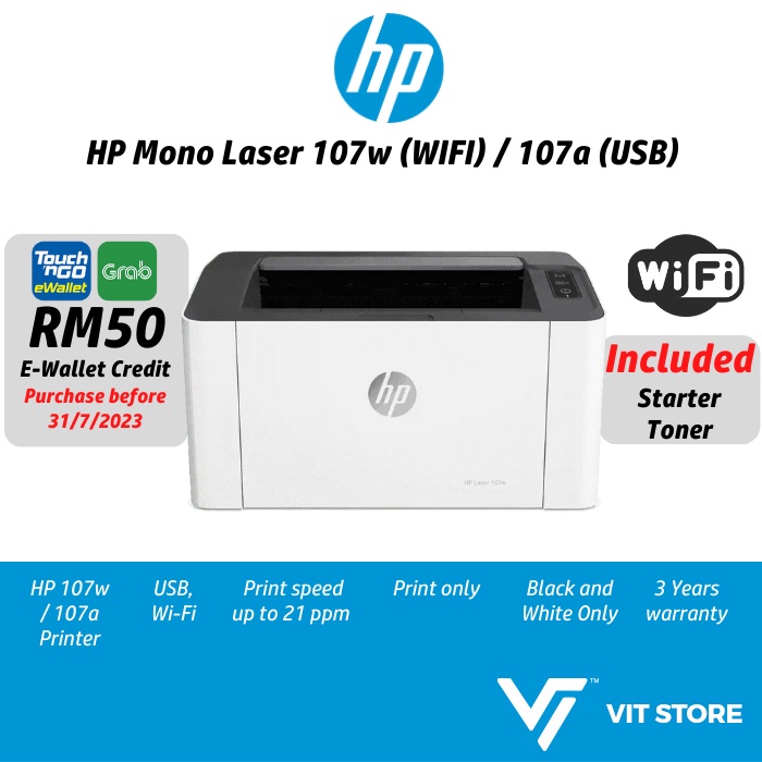 HP Mono Laser Printer 107a 4ZB77A USB / 107w 4ZB78A Wireless Black ...