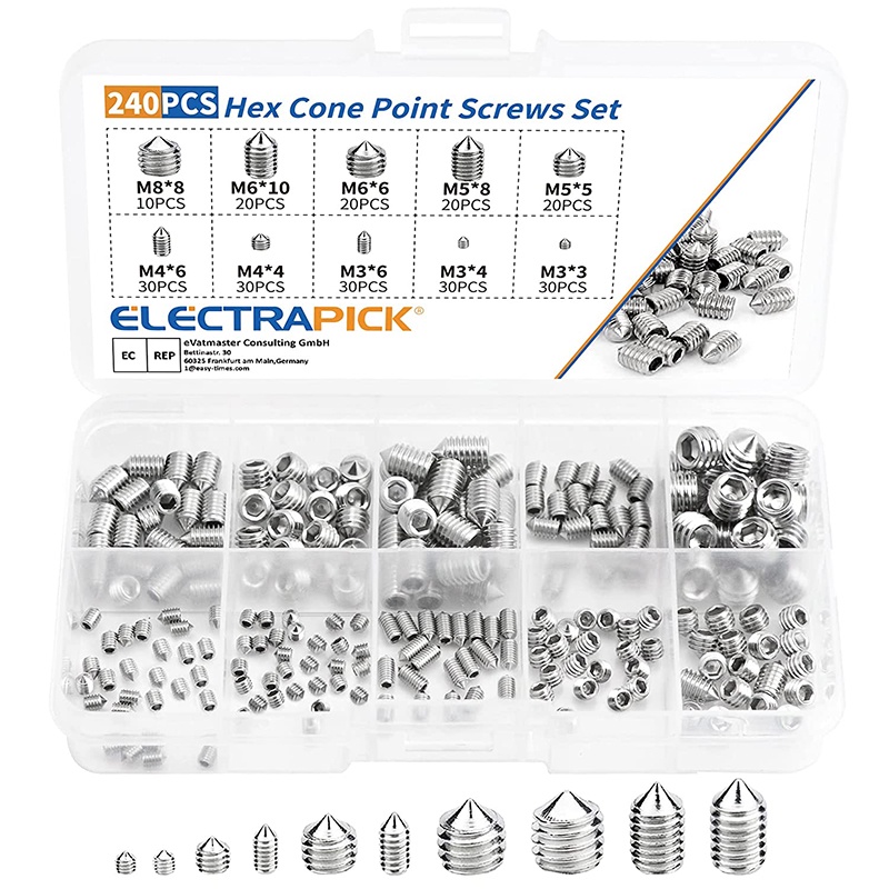 240pcs Stainless Steel Slotted Head Cone Point Grub Set Screw M3 M4 M5 ...