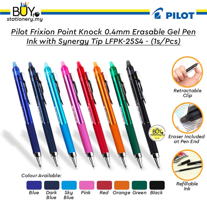Pilot Frixion Point Knock 0.4mm Erasable Gel Pen Ink with Synergy Tip ...