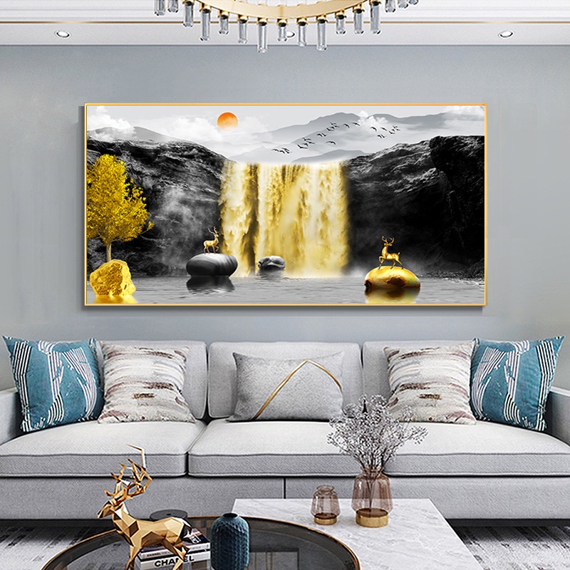 New Chinese Golden Waterfall Landscape Canvas Painting Wall Art ...