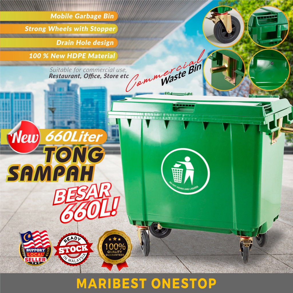 660L Tong Sampah Besar Hijau Bertutup Beroda Outdoor Dustbin with Wheel ...