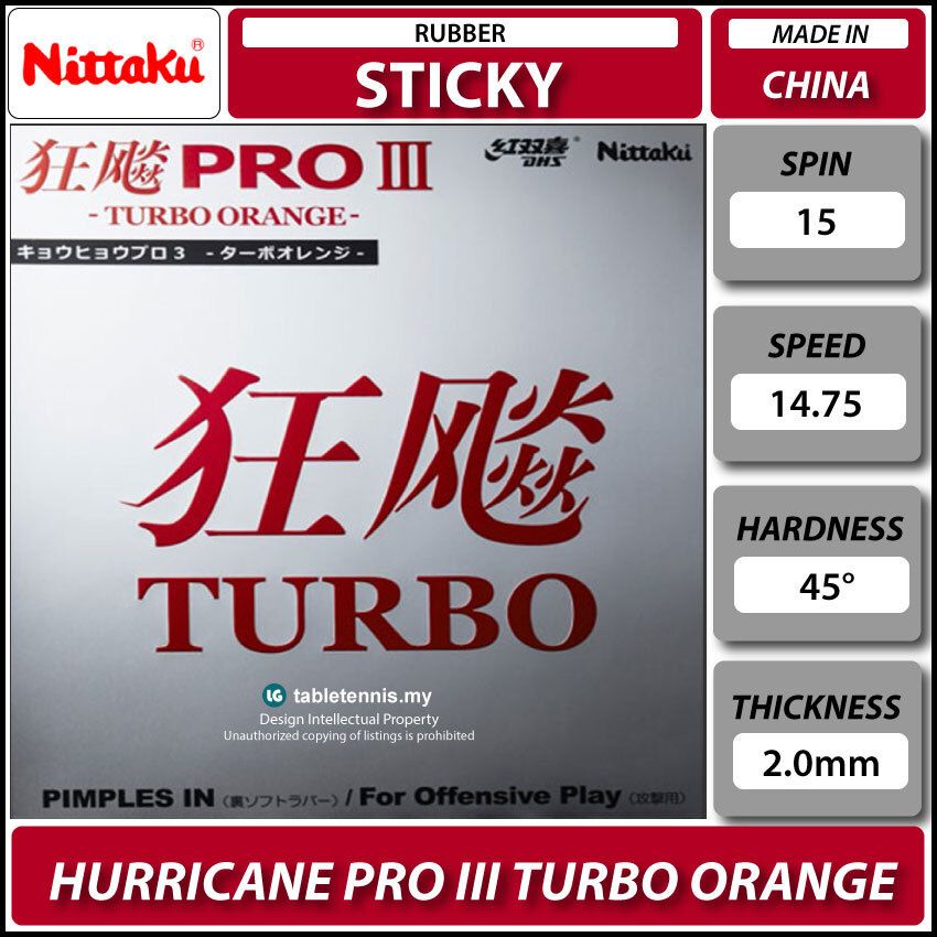 Nittaku Hurricane Pro III Turbo Orange Sticky Elastic Table Tennis ...