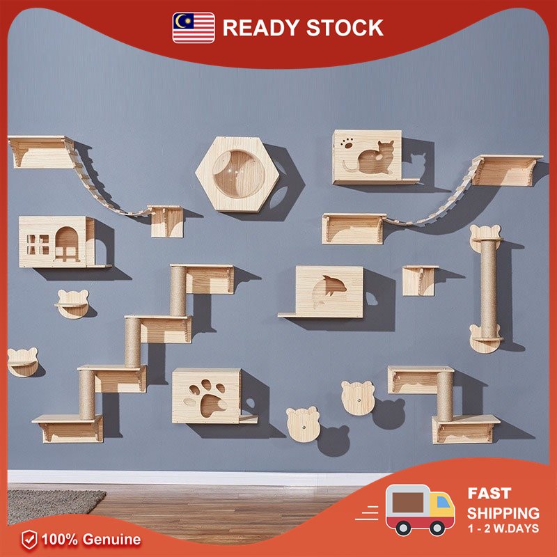 Wall Mounted Cat Scratch Post Wooden Cat Tree Cat Climbing Jump Shelf ...