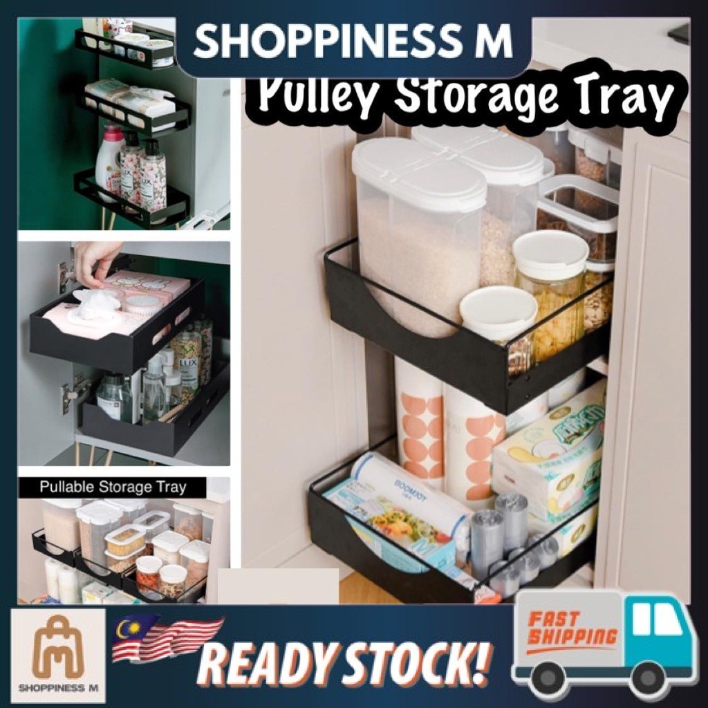 Pulley Storage Tray Kitchen Bathroom Rack Pullable Slide Drawer Track ...