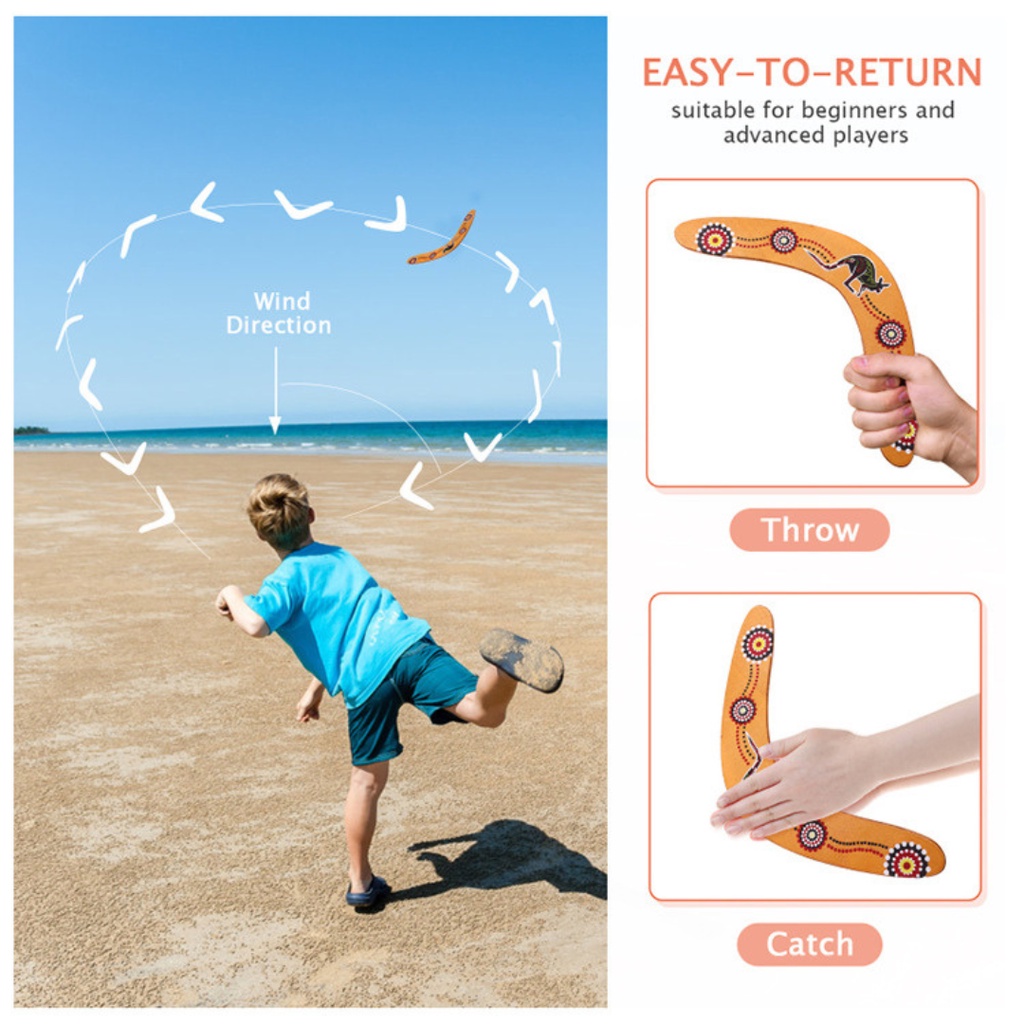 V Shaped Boomerang Flying Disc Wooden Kangaroo Pattern Throw Catch ...