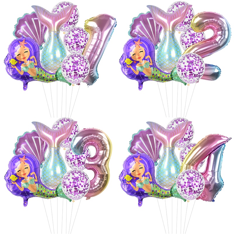 7pcs/set Mermaid Balloons Number Balloons with Confetti for Girls ...