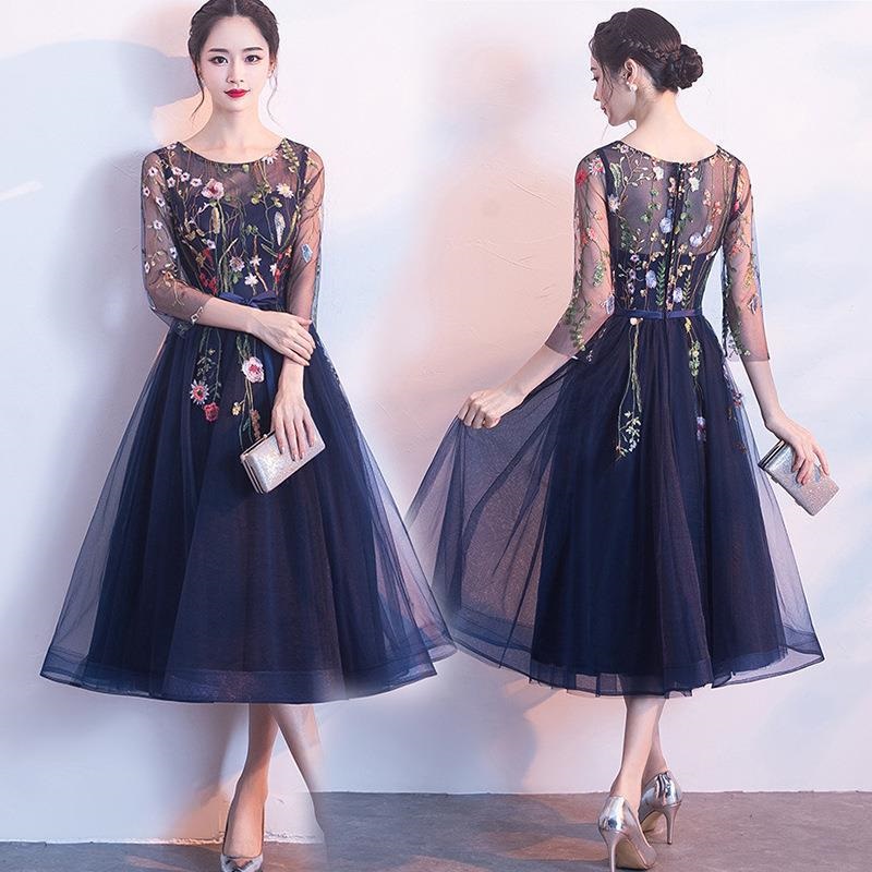 Banquet Evening Dress Fashion Elegant Mid Sleeve Round Neck Floral ...