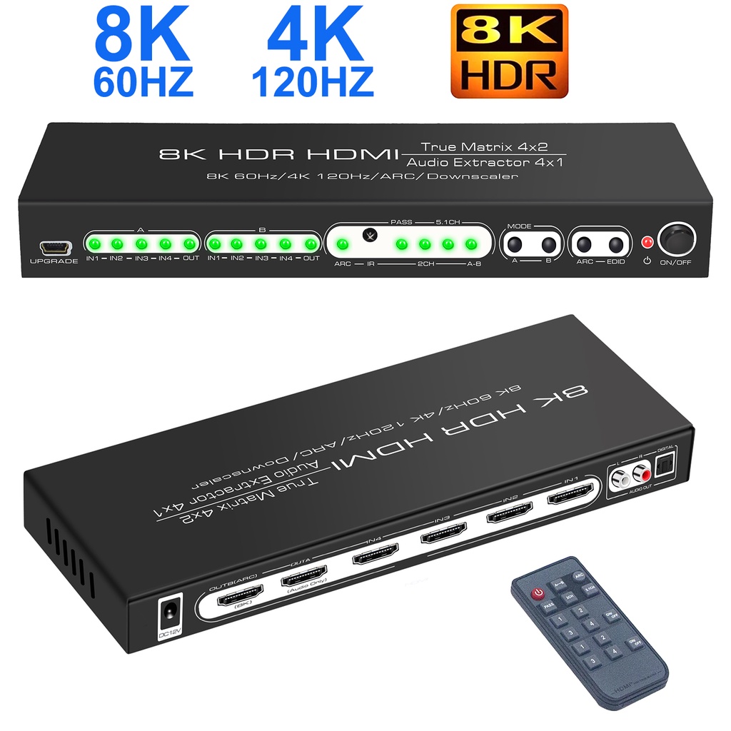 8k 4x2 HDMI Matrix with Analog Digital 4x1 Audio Extractor 4 in 2 Out ...