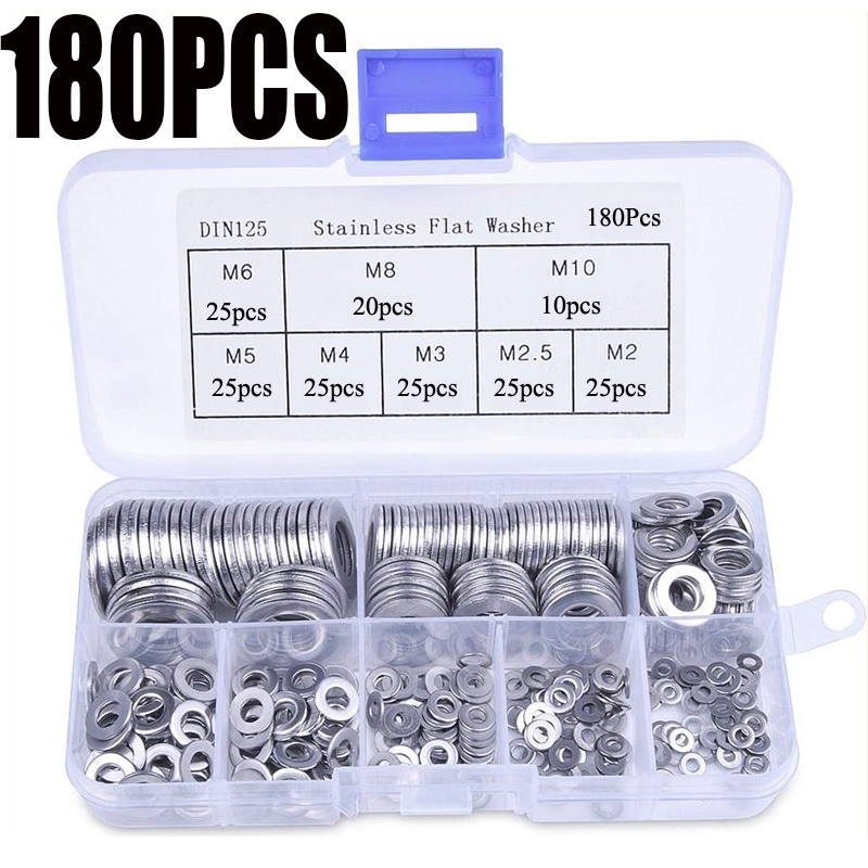 180pcs M2 M2.5 M3 M4 M5 M6 M8 M10 Stainless Steel Flat Washer Plain Washer Flat Gasket Rings ...