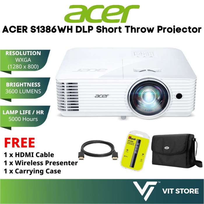 Acer S1386WH Short Throw DLP Projector WXGA 3600 Lumens office use with ...