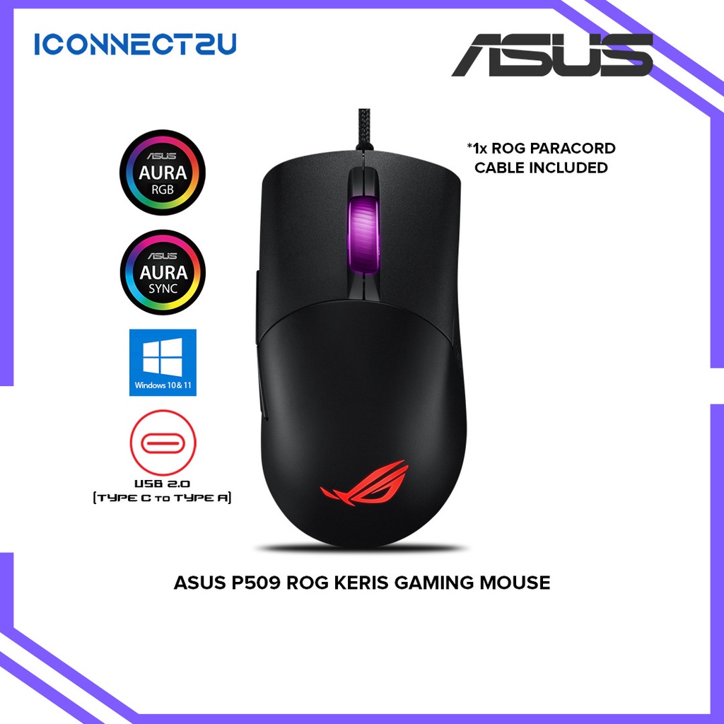 Asus P509 ROG Keris 16,000 DPI Lightweight Paracord Aura Sync FPS Wired ...
