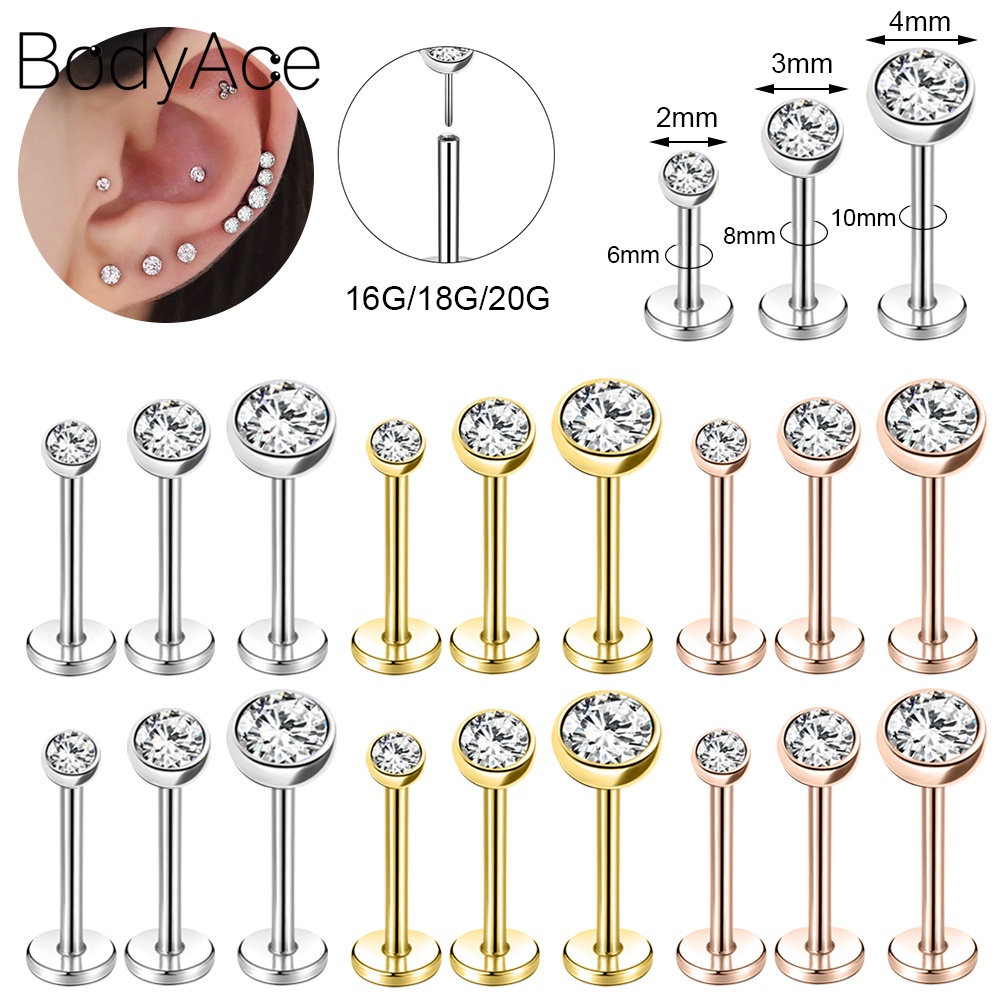 Bodyace 1 PC 2/3/4mm Crystal Lip Labret Piercing Stainless Steel ...