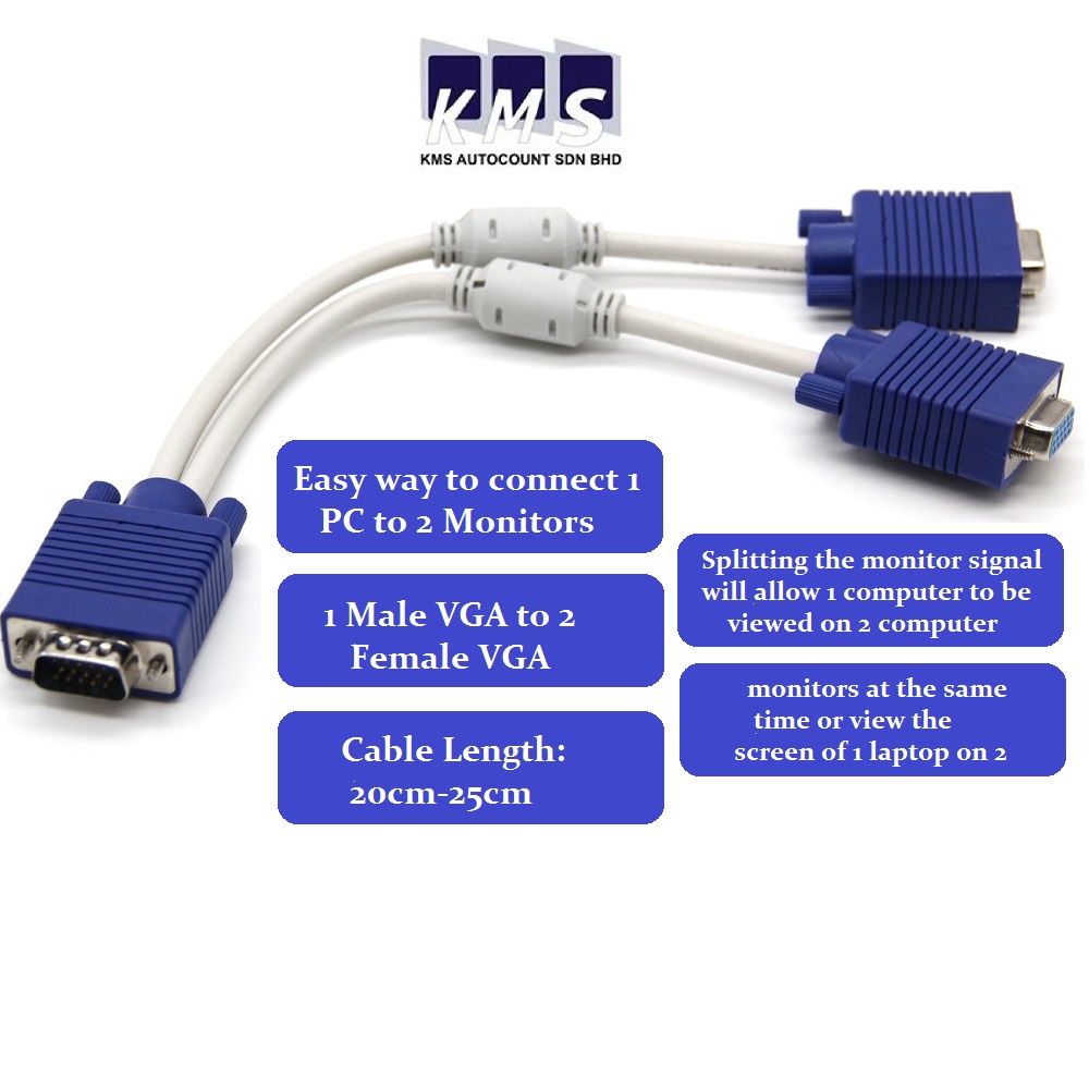 VGA/RGB HD 15pin Male to 2 Monitor 2 Way LCD Y Splitter Dual Female ...