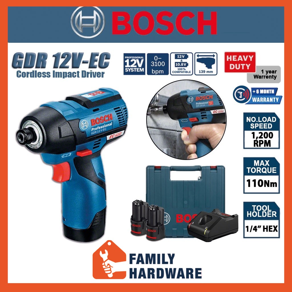 BOSCH GDR 12V-EC Professional Cordless Impact Driver GBA 2.0Ah Battery ...