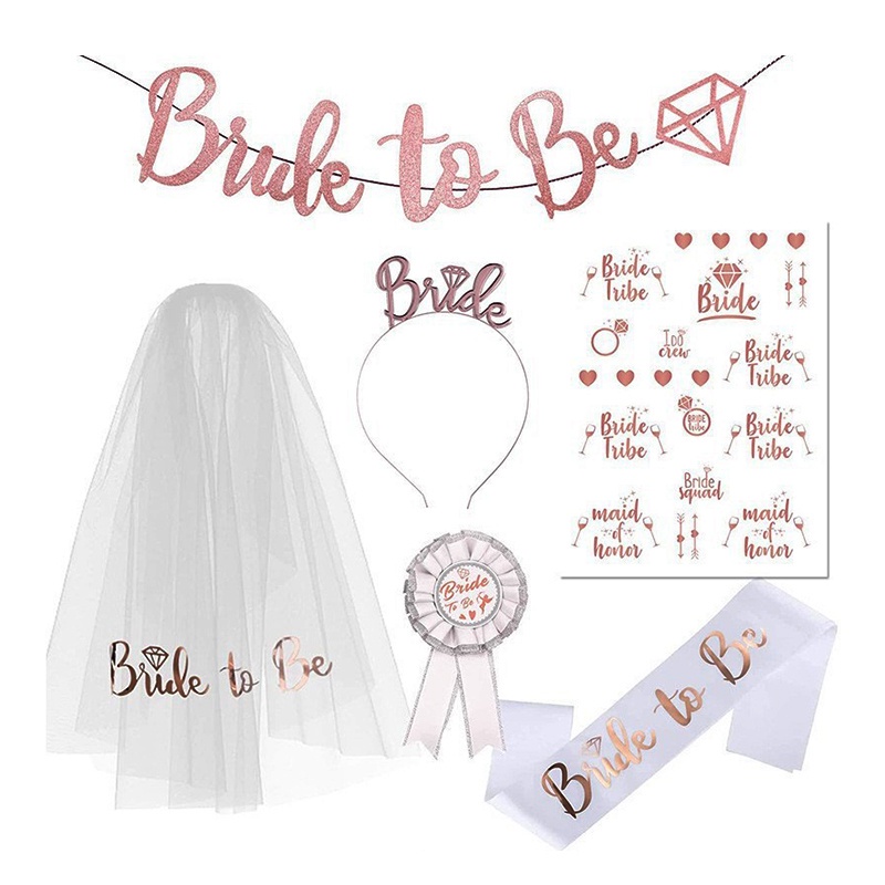 Set Bride To Be Sash Crown Headband Veil Badge Stickers Bunting Banner ...