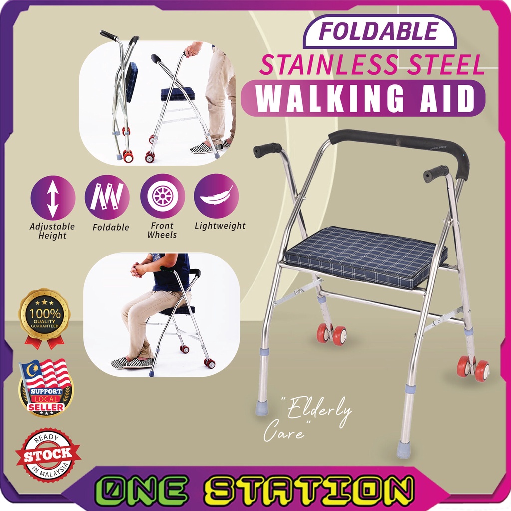 Foldable Stainless Steel Walking Aid with Seat and Wheels Elderly ...