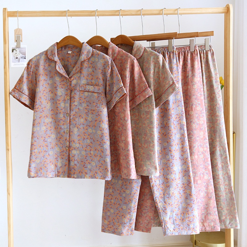 [Ready Stock]Women Jacquard Cotton Gauze Short Sleeve Long Pants ...
